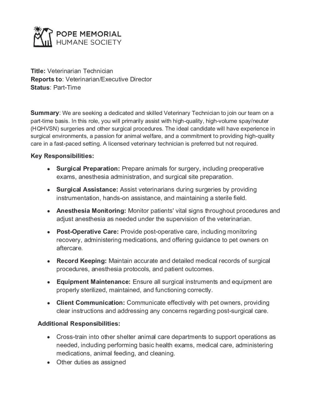 PMHS Vet Tech – job description | Pope Memorial Humane Society